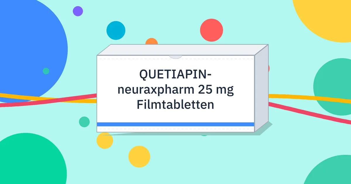 Symbolbild: Packung mit der Aufschrift QUETIAPIN-neuraxpharm 25 mg Filmtabletten (PZN 09445502) – Verfügbarkeit und Bezug in Apotheken in Frankfurt am Main