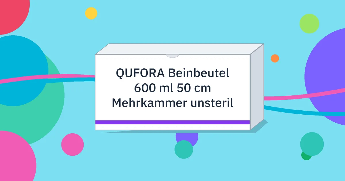 Symbolbild: Packung mit der Aufschrift QUFORA Beinbeutel 600 ml 50 cm Mehrkammer unsteril (PZN 01577629) – Verfügbarkeit und Bezug in Apotheken in Frankfurt am Main