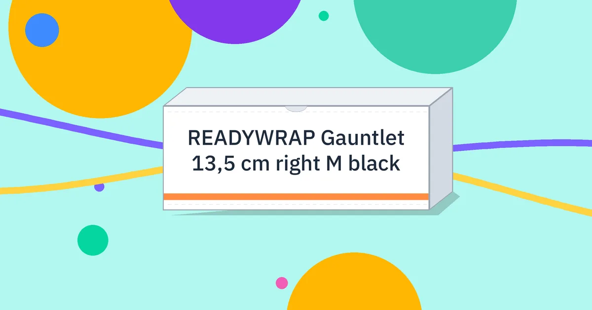 Symbolbild: Packung mit der Aufschrift READYWRAP Gauntlet 13,5 cm right M black (PZN 16567128) – Verfügbarkeit und Bezug in Apotheken in Frankfurt am Main