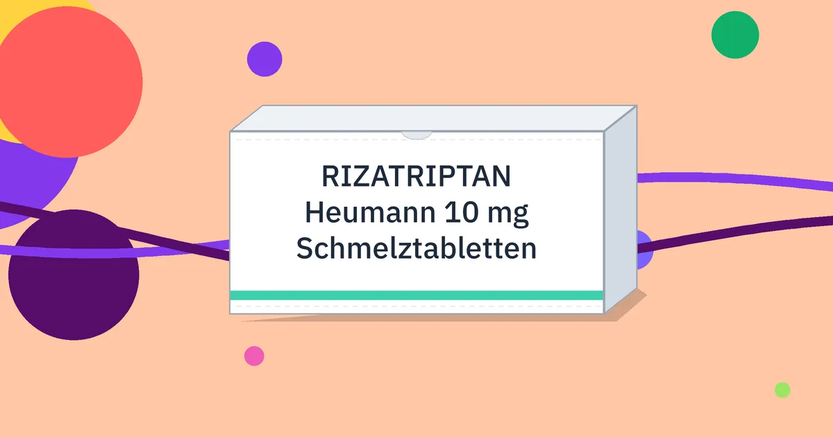 Symbolbild: Packung mit der Aufschrift RIZATRIPTAN Heumann 10 mg Schmelztabletten (PZN 11871442) – Verfügbarkeit und Bezug in Apotheken in Frankfurt am Main