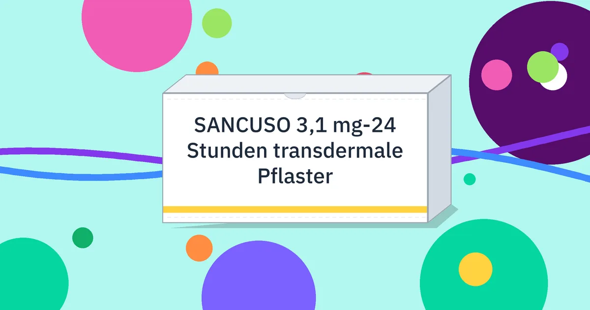Symbolbild: Packung mit der Aufschrift SANCUSO 3,1 mg-24 Stunden transdermale Pflaster (PZN 19976175) – Verfügbarkeit und Bezug in Apotheken in Frankfurt am Main