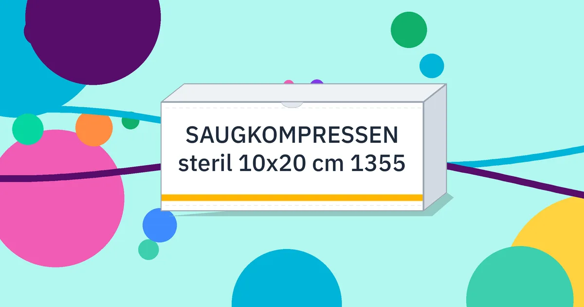 Symbolbild: Packung mit der Aufschrift SAUGKOMPRESSEN steril 10x20 cm 1355 (PZN 06193514) – Verfügbarkeit und Bezug in Apotheken in Frankfurt am Main