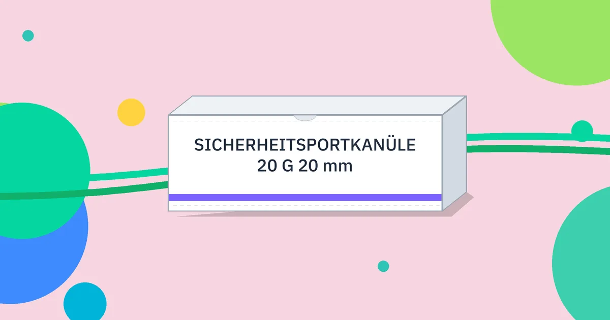 Symbolbild: Packung mit der Aufschrift SICHERHEITSPORTKANÜLE 20 G 20 mm (PZN 08779856) – Verfügbarkeit und Bezug in Apotheken in Frankfurt am Main