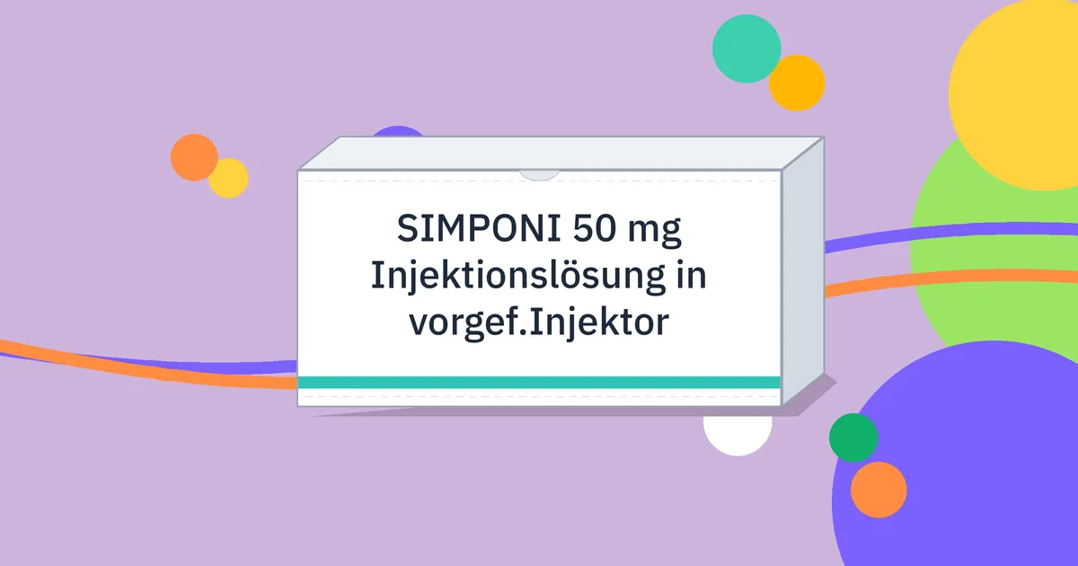 Symbolbild: Packung mit der Aufschrift SIMPONI 50 mg Injektionslösung in vorgef.Injektor (PZN 03297816) – Verfügbarkeit und Bezug in Apotheken in Frankfurt am Main