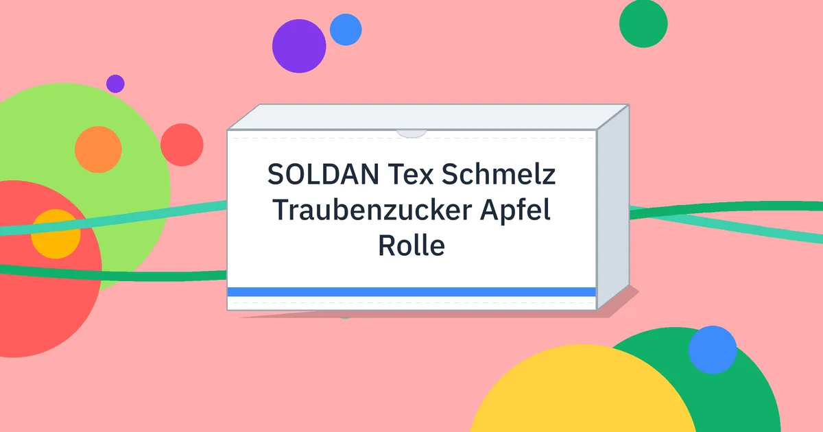 Symbolbild: Packung mit der Aufschrift SOLDAN Tex Schmelz Traubenzucker Apfel Rolle (PZN 08763370) – Verfügbarkeit und Bezug in Apotheken in Frankfurt am Main