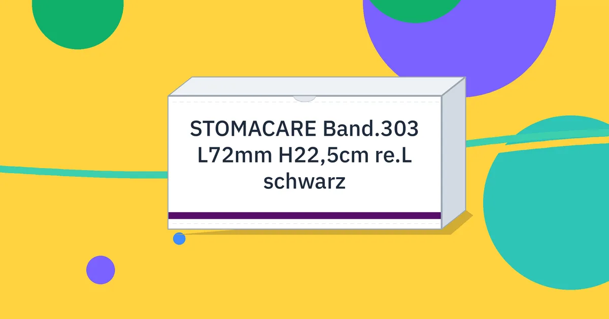 Symbolbild: Packung mit der Aufschrift STOMACARE Band.303 L72mm H22,5cm re.L schwarz (PZN 10841166) – Verfügbarkeit und Bezug in Apotheken in Frankfurt am Main