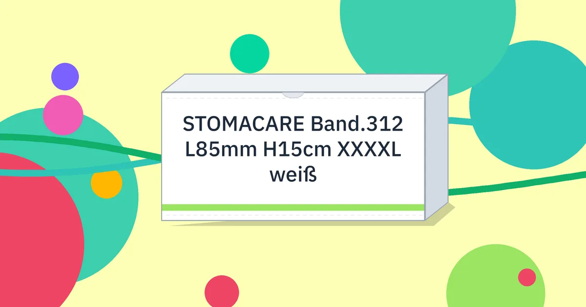 Symbolbild: Packung mit der Aufschrift STOMACARE Band.312 L85mm H15cm XXXXL weiß (PZN 09437201) – Verfügbarkeit und Bezug in Apotheken in Frankfurt am Main