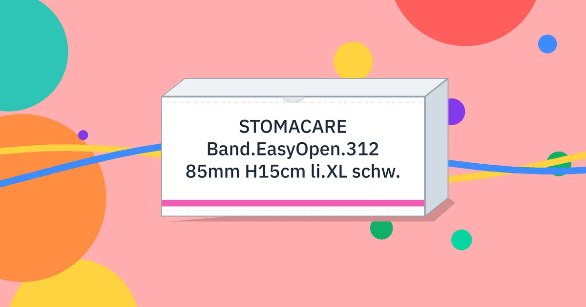 Symbolbild: Packung mit der Aufschrift STOMACARE Band.EasyOpen.312 85mm H15cm li.XL schw. (PZN 09438028) – Verfügbarkeit und Bezug in Apotheken in Frankfurt am Main