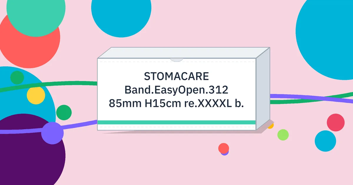 Symbolbild: Packung mit der Aufschrift STOMACARE Band.EasyOpen.312 85mm H15cm re.XXXXL b. (PZN 09437980) – Verfügbarkeit und Bezug in Apotheken in Frankfurt am Main