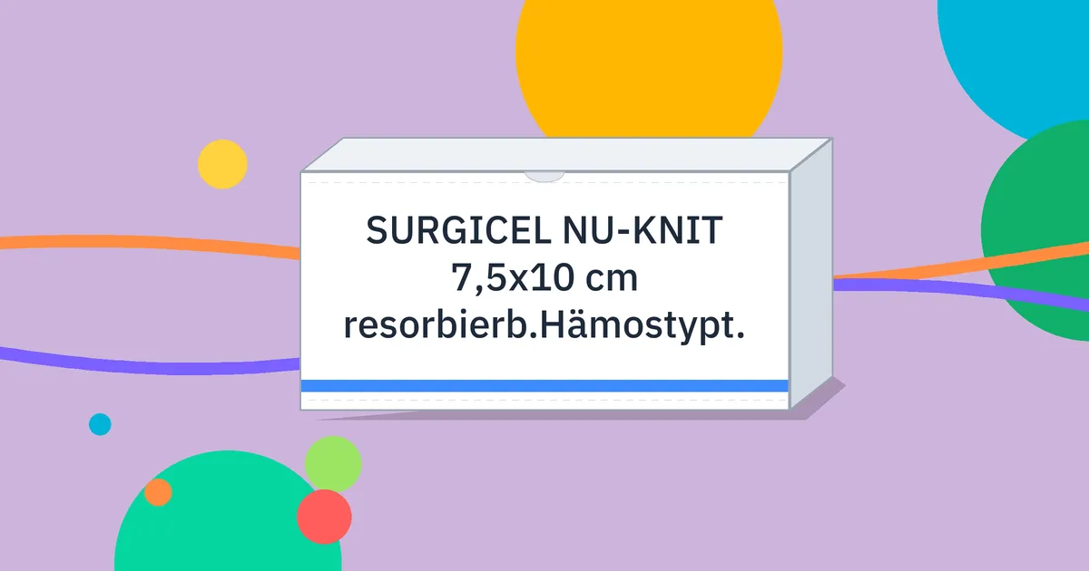 Symbolbild: Packung mit der Aufschrift SURGICEL NU-KNIT 7,5x10 cm resorbierb.Hämostypt. (PZN 19885024) – Verfügbarkeit und Bezug in Apotheken in Frankfurt am Main