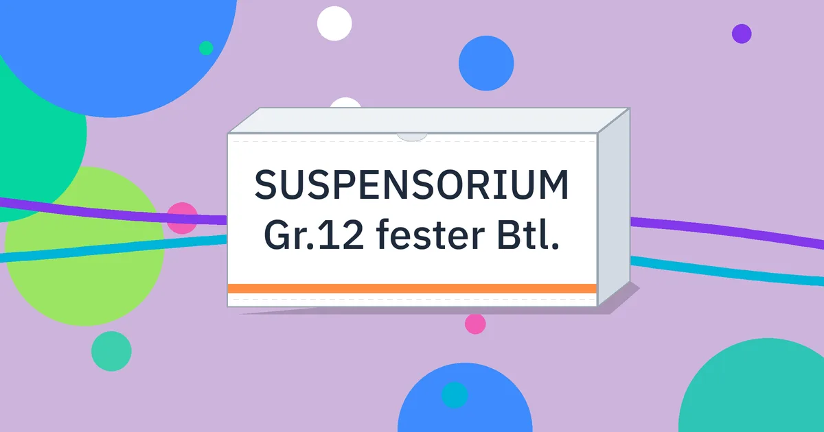 Symbolbild: Packung mit der Aufschrift SUSPENSORIUM Gr.12 fester Btl. (PZN 04865688) – Verfügbarkeit und Bezug in Apotheken in Frankfurt am Main