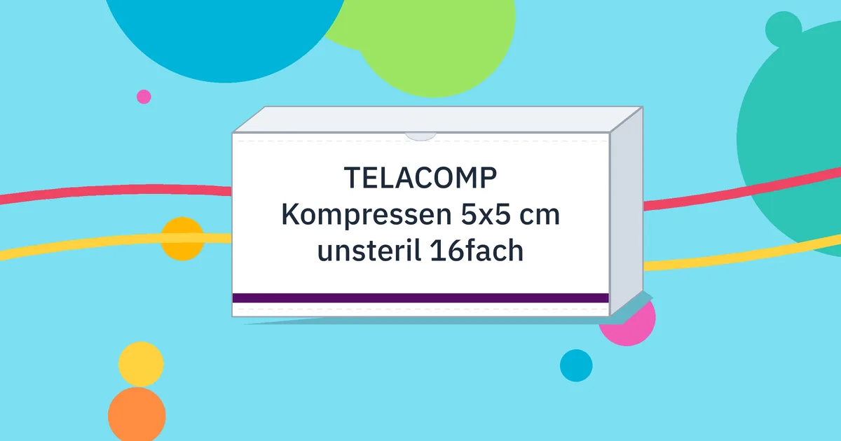 Symbolbild: Packung mit der Aufschrift TELACOMP Kompressen 5x5 cm unsteril 16fach (PZN 19944034) – Verfügbarkeit und Bezug in Apotheken in Frankfurt am Main