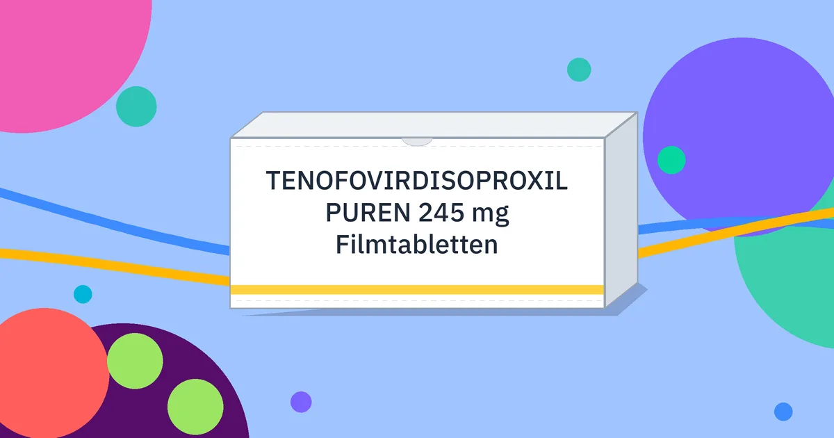 Symbolbild: Packung mit der Aufschrift TENOFOVIRDISOPROXIL PUREN 245 mg Filmtabletten (PZN 19372371) – Verfügbarkeit und Bezug in Apotheken in Frankfurt am Main