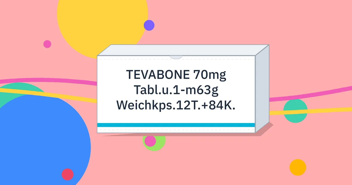 Symbolbild: Packung mit der Aufschrift TEVABONE 70mg Tabl.u.1-m63g Weichkps.12T.+84K. (PZN 00770560) – Verfügbarkeit und Bezug in Apotheken in Frankfurt am Main