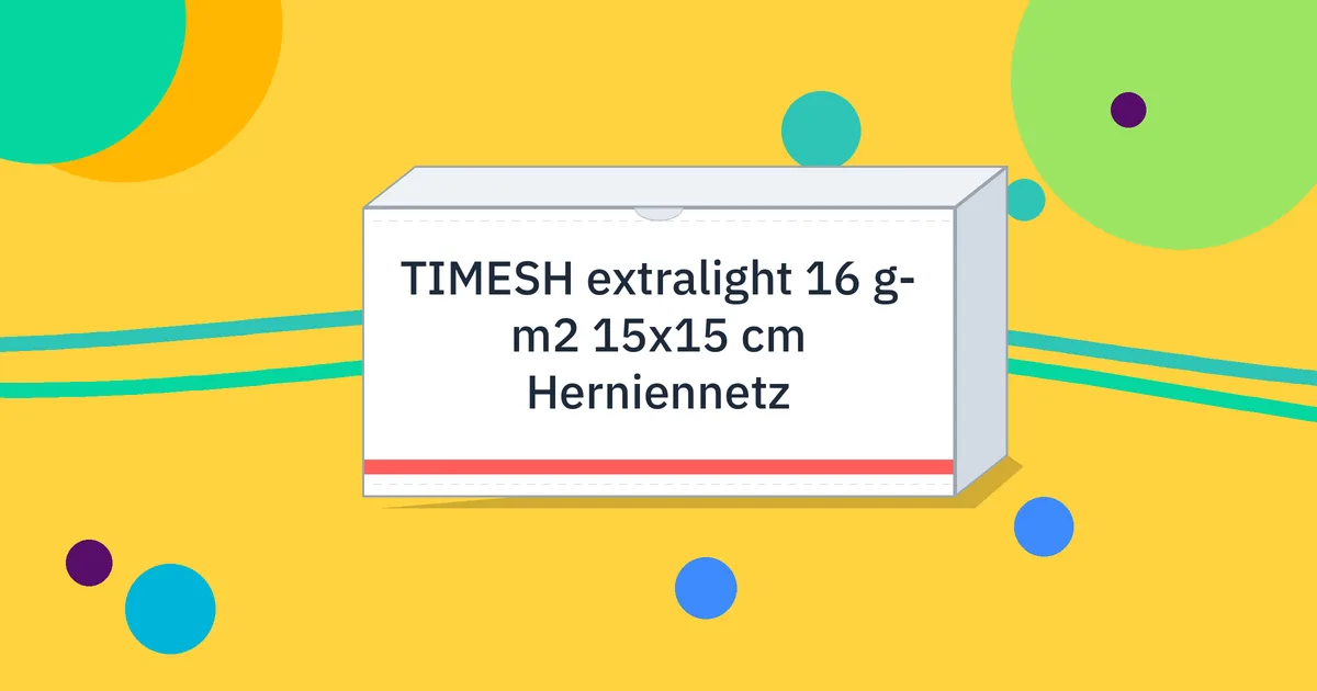 Symbolbild: Packung mit der Aufschrift TIMESH extralight 16 g-m2 15x15 cm Herniennetz (PZN 18157771) – Verfügbarkeit und Bezug in Apotheken in Frankfurt am Main