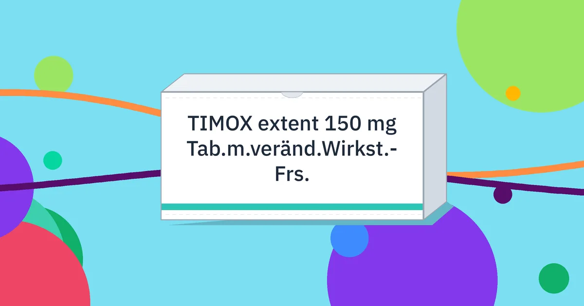 Symbolbild: Packung mit der Aufschrift TIMOX extent 150 mg Tab.m.veränd.Wirkst.-Frs. (PZN 11267723) – Verfügbarkeit und Bezug in Apotheken in Frankfurt am Main
