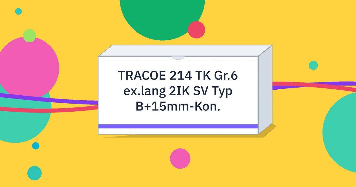 Symbolbild: Packung mit der Aufschrift TRACOE 214 TK Gr.6 ex.lang 2IK SV Typ B+15mm-Kon. (PZN 11643480) – Verfügbarkeit und Bezug in Apotheken in Frankfurt am Main