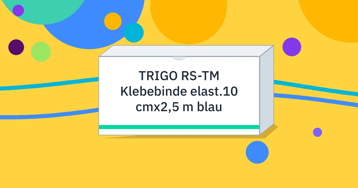 Symbolbild: Packung mit der Aufschrift TRIGO RS-TM Klebebinde elast.10 cmx2,5 m blau (PZN 20342903) – Verfügbarkeit und Bezug in Apotheken in Frankfurt am Main