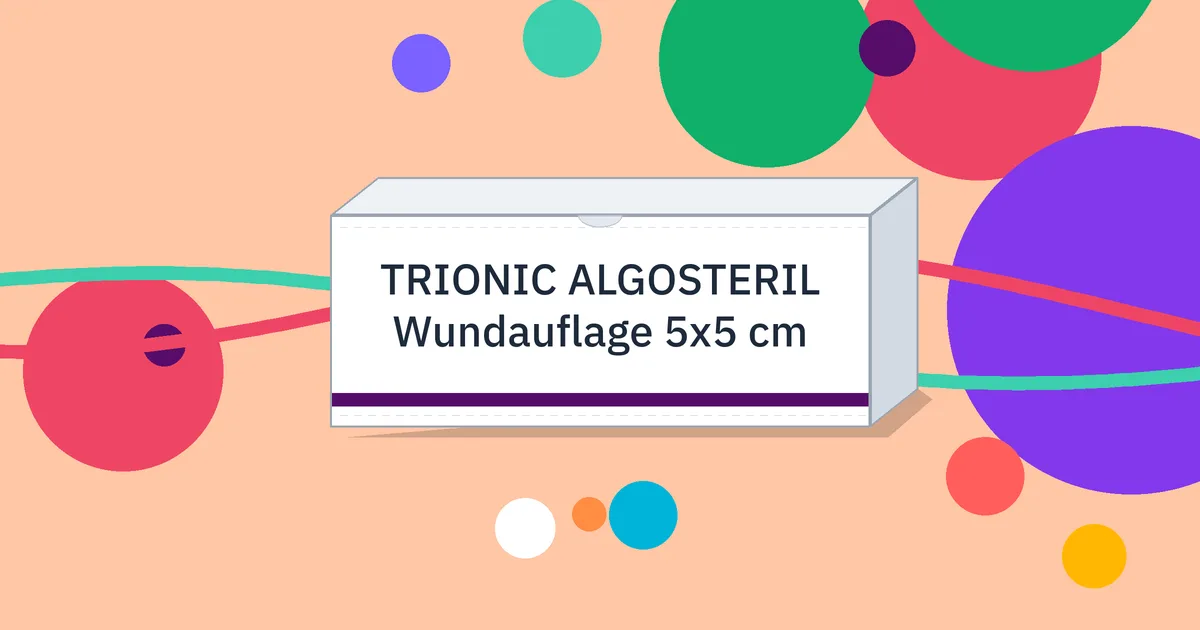 Symbolbild: Packung mit der Aufschrift TRIONIC ALGOSTERIL Wundauflage 5x5 cm (PZN 05139493) – Verfügbarkeit und Bezug in Apotheken in Frankfurt am Main