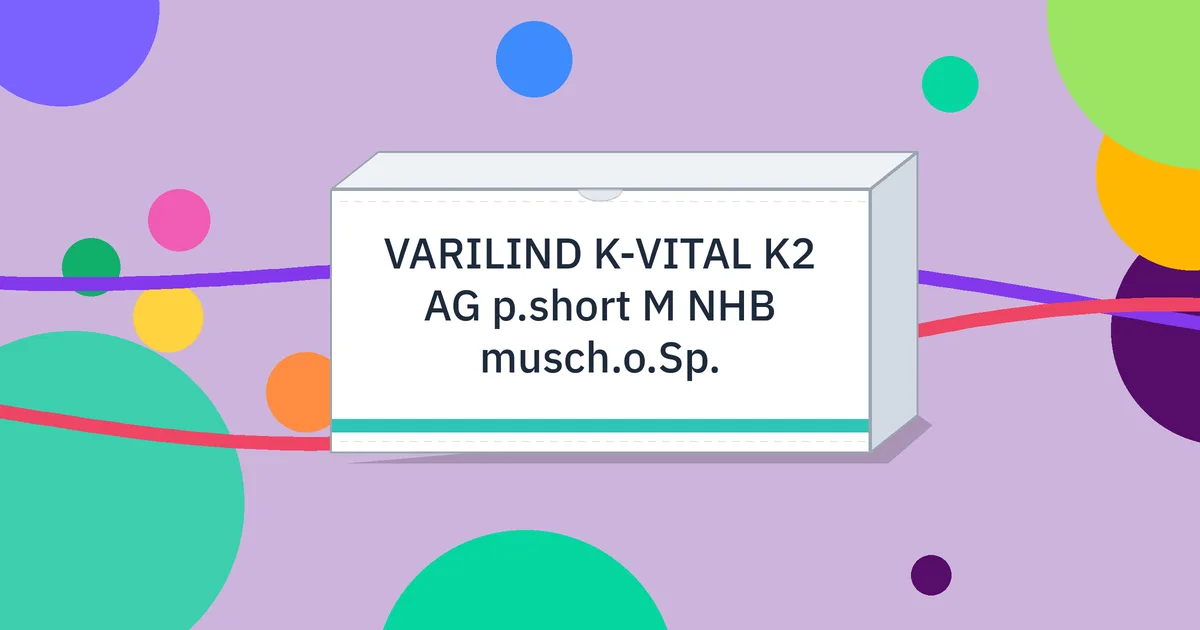 Symbolbild: Packung mit der Aufschrift VARILIND K-VITAL K2 AG p.short M NHB musch.o.Sp. (PZN 20565709) – Verfügbarkeit und Bezug in Apotheken in Frankfurt am Main