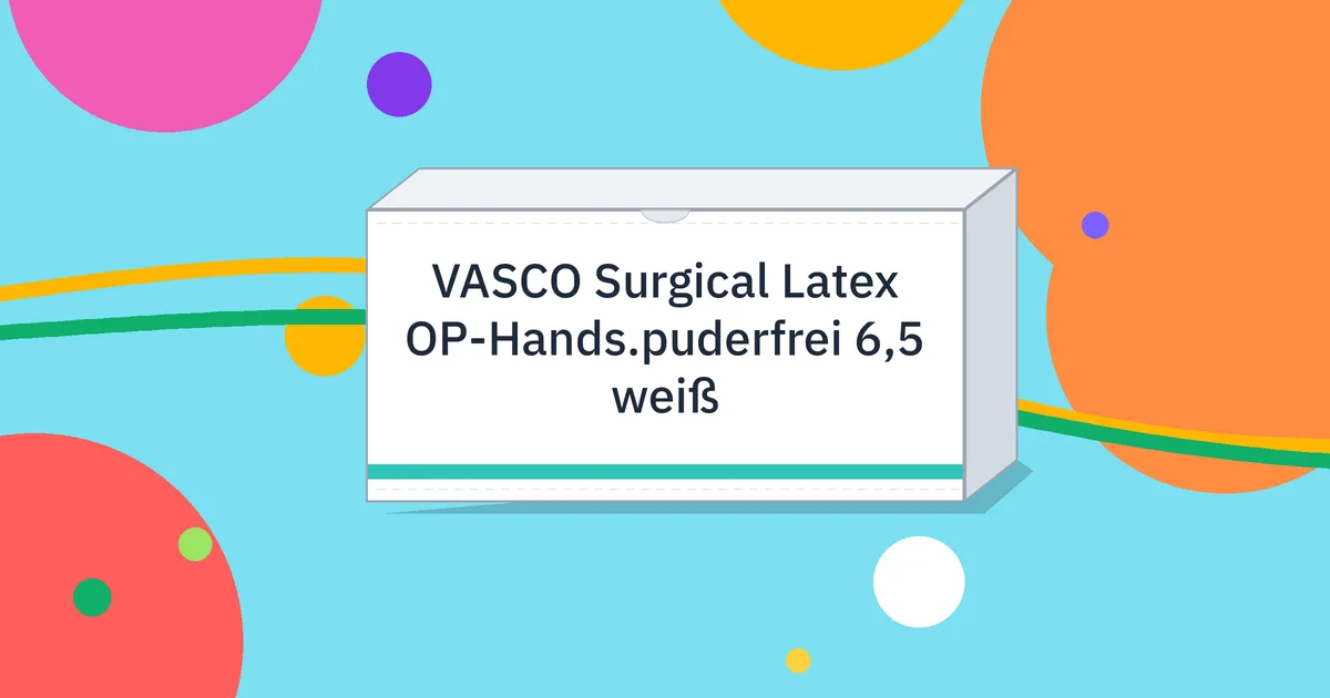 Symbolbild: Packung mit der Aufschrift VASCO Surgical Latex OP-Hands.puderfrei 6,5 weiß (PZN 20359938) – Verfügbarkeit und Bezug in Apotheken in Frankfurt am Main