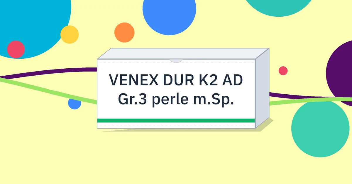 Symbolbild: Packung mit der Aufschrift VENEX DUR K2 AD Gr.3 perle m.Sp. (PZN 03208675) – Verfügbarkeit und Bezug in Apotheken in Frankfurt am Main