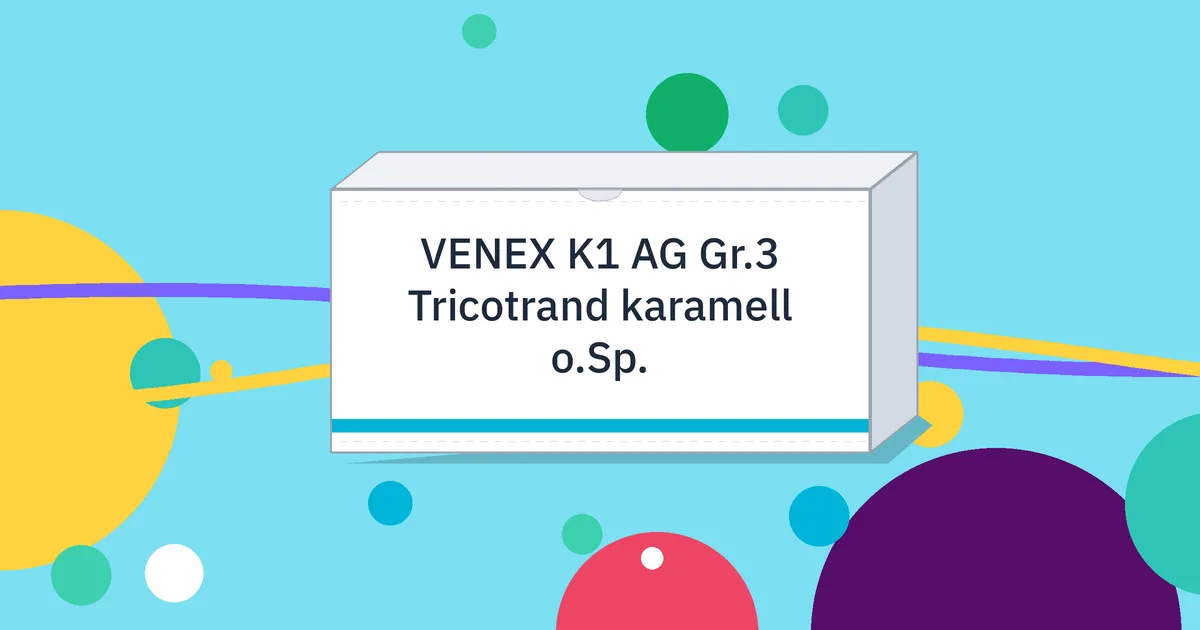 Symbolbild: Packung mit der Aufschrift VENEX K1 AG Gr.3 Tricotrand karamell o.Sp. (PZN 13762734) – Verfügbarkeit und Bezug in Apotheken in Frankfurt am Main