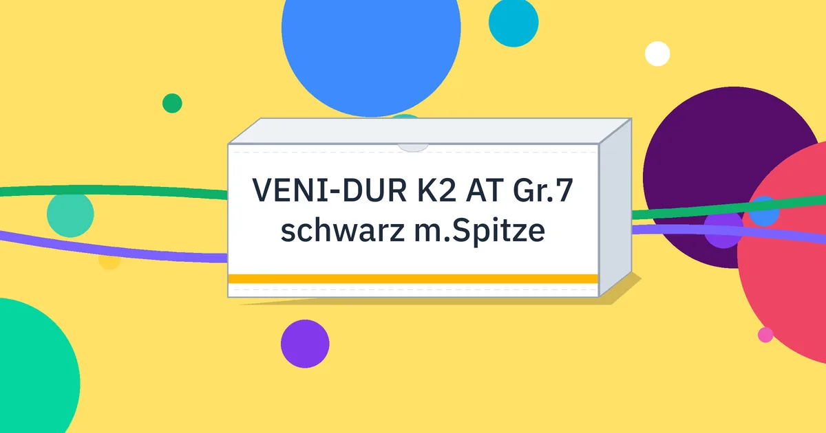 Symbolbild: Packung mit der Aufschrift VENI-DUR K2 AT Gr.7 schwarz m.Spitze (PZN 03243950) – Verfügbarkeit und Bezug in Apotheken in Frankfurt am Main