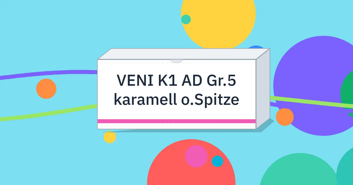 Symbolbild: Packung mit der Aufschrift VENI K1 AD Gr.5 karamell o.Spitze (PZN 13756142) – Verfügbarkeit und Bezug in Apotheken in Frankfurt am Main