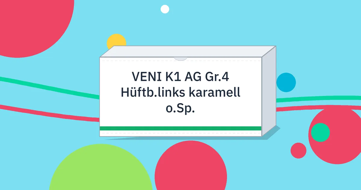 Symbolbild: Packung mit der Aufschrift VENI K1 AG Gr.4 Hüftb.links karamell o.Sp. (PZN 13760273) – Verfügbarkeit und Bezug in Apotheken in Frankfurt am Main