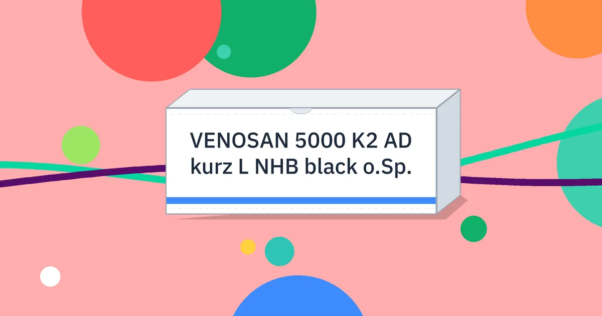 Symbolbild: Packung mit der Aufschrift VENOSAN 5000 K2 AD kurz L NHB black o.Sp. (PZN 14433381) – Verfügbarkeit und Bezug in Apotheken in Frankfurt am Main