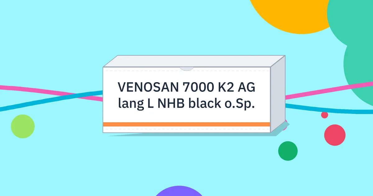 Symbolbild: Packung mit der Aufschrift VENOSAN 7000 K2 AG lang L NHB black o.Sp. (PZN 14435919) – Verfügbarkeit und Bezug in Apotheken in Frankfurt am Main
