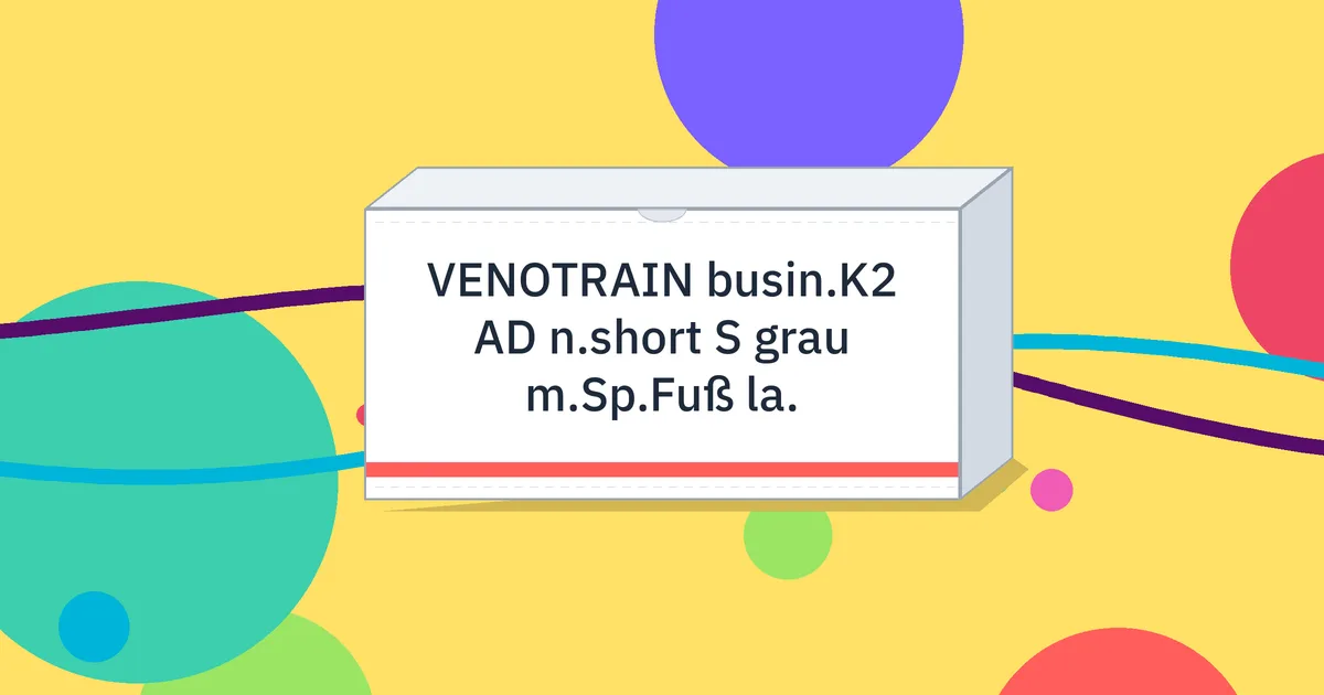 Symbolbild: Packung mit der Aufschrift VENOTRAIN busin.K2 AD n.short S grau m.Sp.Fuß la. (PZN 19056730) – Verfügbarkeit und Bezug in Apotheken in Frankfurt am Main