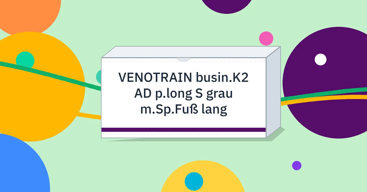 Symbolbild: Packung mit der Aufschrift VENOTRAIN busin.K2 AD p.long S grau m.Sp.Fuß lang (PZN 19056894) – Verfügbarkeit und Bezug in Apotheken in Frankfurt am Main