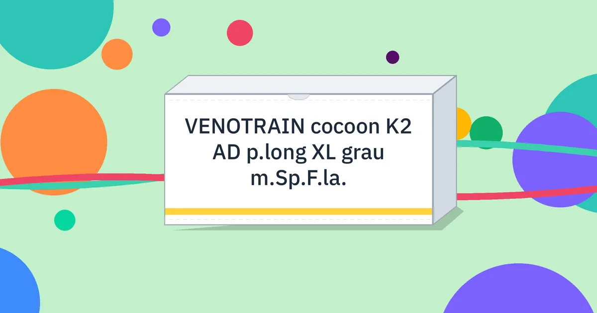 Symbolbild: Packung mit der Aufschrift VENOTRAIN cocoon K2 AD p.long XL grau m.Sp.F.la. (PZN 19198878) – Verfügbarkeit und Bezug in Apotheken in Frankfurt am Main