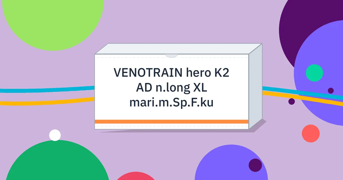 Symbolbild: Packung mit der Aufschrift VENOTRAIN hero K2 AD n.long XL mari.m.Sp.F.ku (PZN 19189081) – Verfügbarkeit und Bezug in Apotheken in Frankfurt am Main