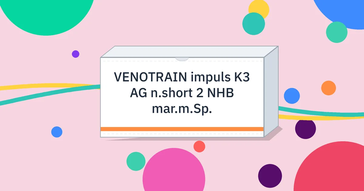 Symbolbild: Packung mit der Aufschrift VENOTRAIN impuls K3 AG n.short 2 NHB mar.m.Sp. (PZN 15215203) – Verfügbarkeit und Bezug in Apotheken in Frankfurt am Main