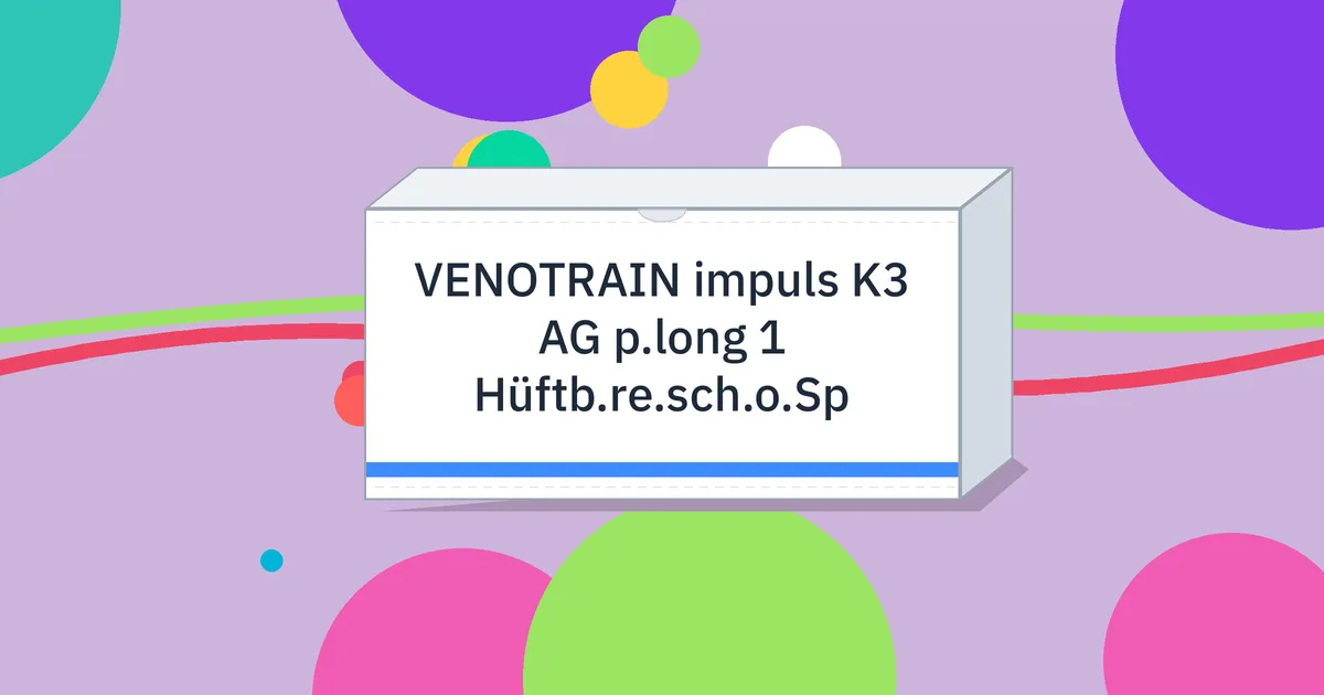 Symbolbild: Packung mit der Aufschrift VENOTRAIN impuls K3 AG p.long 1 Hüftb.re.sch.o.Sp (PZN 10294296) – Verfügbarkeit und Bezug in Apotheken in Frankfurt am Main