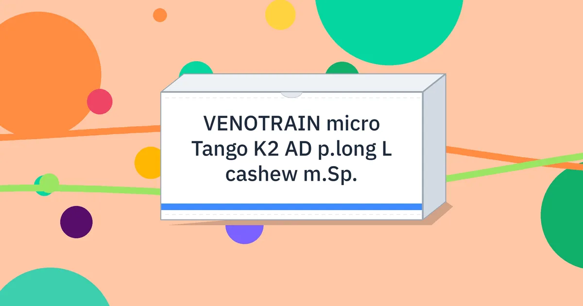 Symbolbild: Packung mit der Aufschrift VENOTRAIN micro Tango K2 AD p.long L cashew m.Sp. (PZN 20765839) – Verfügbarkeit und Bezug in Apotheken in Frankfurt am Main