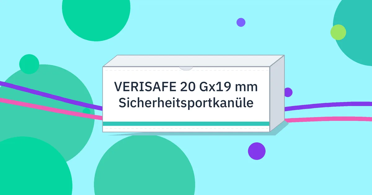 Symbolbild: Packung mit der Aufschrift VERISAFE 20 Gx19 mm Sicherheitsportkanüle (PZN 19173996) – Verfügbarkeit und Bezug in Apotheken in Frankfurt am Main