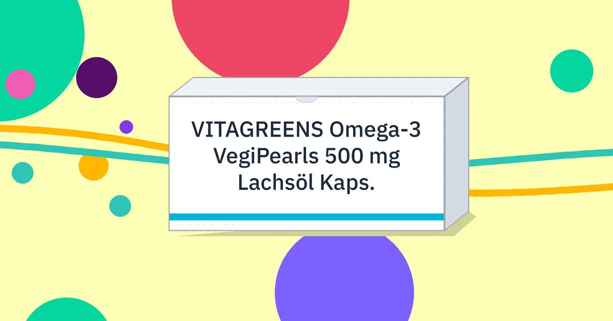 Symbolbild: Packung mit der Aufschrift VITAGREENS Omega-3 VegiPearls 500 mg Lachsöl Kaps. (PZN 00607446) – Verfügbarkeit und Bezug in Apotheken in Frankfurt am Main