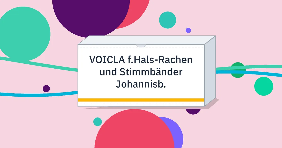Symbolbild: Packung mit der Aufschrift VOICLA f.Hals-Rachen und Stimmbänder Johannisb. (PZN 20009747) – Verfügbarkeit und Bezug in Apotheken in Frankfurt am Main