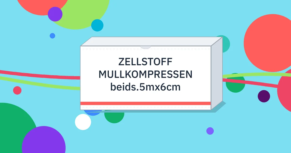 Symbolbild: Packung mit der Aufschrift ZELLSTOFF MULLKOMPRESSEN beids.5mx6cm (PZN 01723025) – Verfügbarkeit und Bezug in Apotheken in Frankfurt am Main