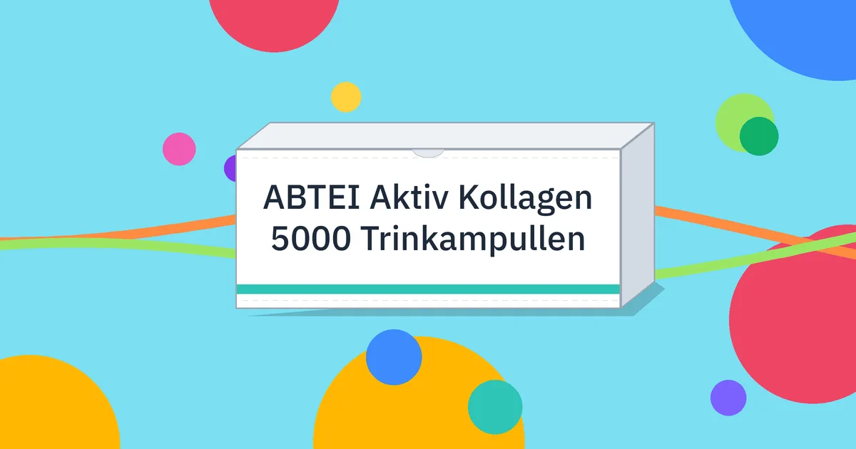 Symbolbild: Packung mit der Aufschrift ABTEI Aktiv Kollagen 5000 Trinkampullen (PZN 16506397) – Verfügbarkeit und Bezug in Apotheken in Frankfurt am Main