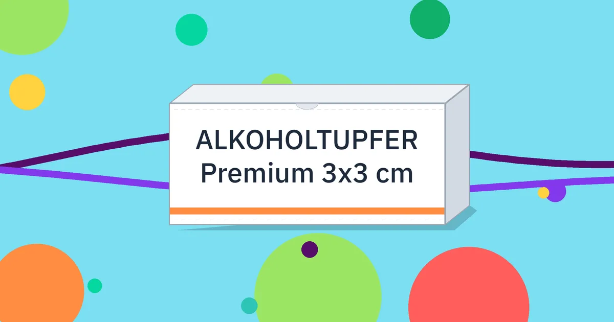 Symbolbild: Packung mit der Aufschrift ALKOHOLTUPFER Premium 3x3 cm (PZN 11112682) – Verfügbarkeit und Bezug in Apotheken in Frankfurt am Main