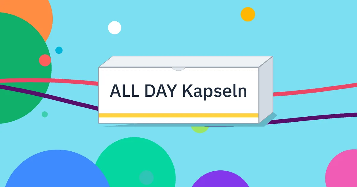Symbolbild: Packung mit der Aufschrift ALL DAY Kapseln (PZN 19269822) – Verfügbarkeit und Bezug in Apotheken in Frankfurt am Main