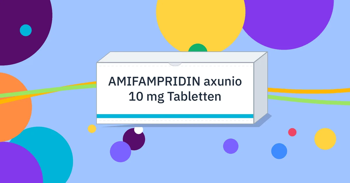 Symbolbild: Packung mit der Aufschrift AMIFAMPRIDIN axunio 10 mg Tabletten (PZN 17756021) – Verfügbarkeit und Bezug in Apotheken in Frankfurt am Main