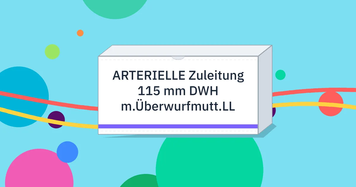 Symbolbild: Packung mit der Aufschrift ARTERIELLE Zuleitung 115 mm DWH m.Überwurfmutt.LL (PZN 17486745) – Verfügbarkeit und Bezug in Apotheken in Frankfurt am Main