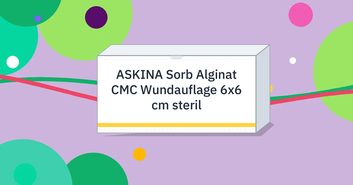 Symbolbild: Packung mit der Aufschrift ASKINA Sorb Alginat CMC Wundauflage 6x6 cm steril (PZN 02251611) – Verfügbarkeit und Bezug in Apotheken in Frankfurt am Main