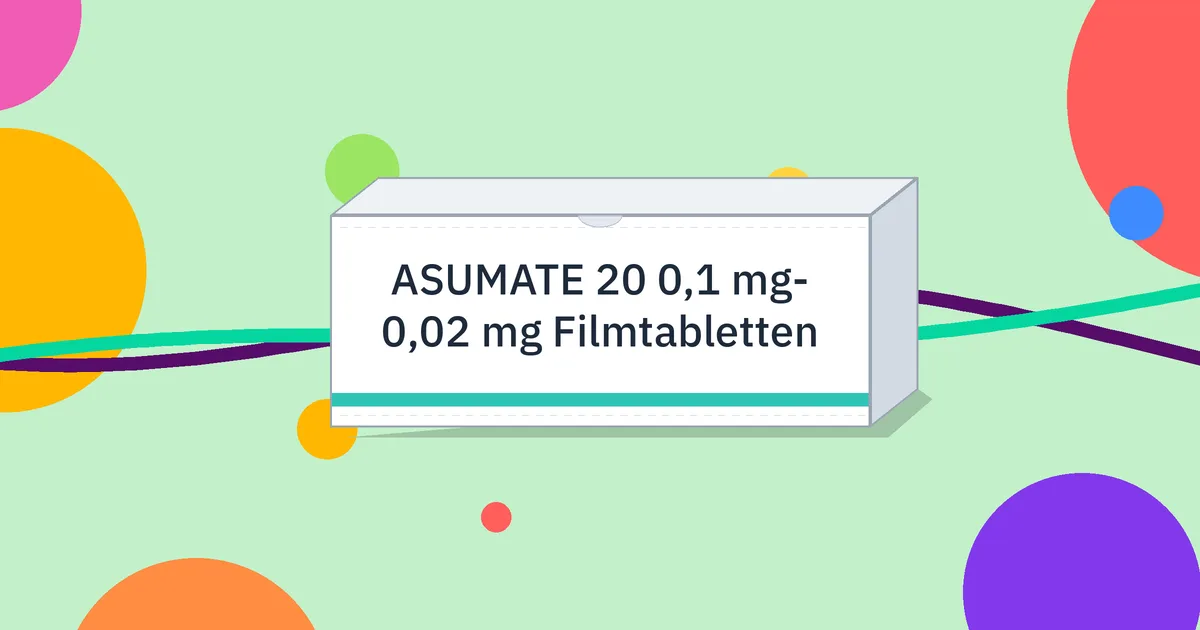 Symbolbild: Packung mit der Aufschrift ASUMATE 20 0,1 mg-0,02 mg Filmtabletten (PZN 06482170) – Verfügbarkeit und Bezug in Apotheken in Frankfurt am Main